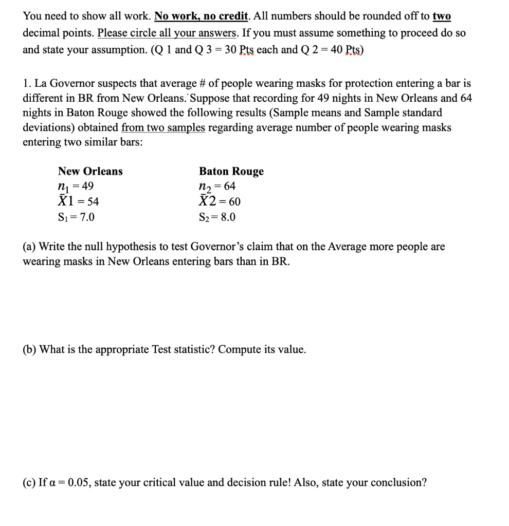 Solved You need to show all work. No work, no credit. All | Chegg.com