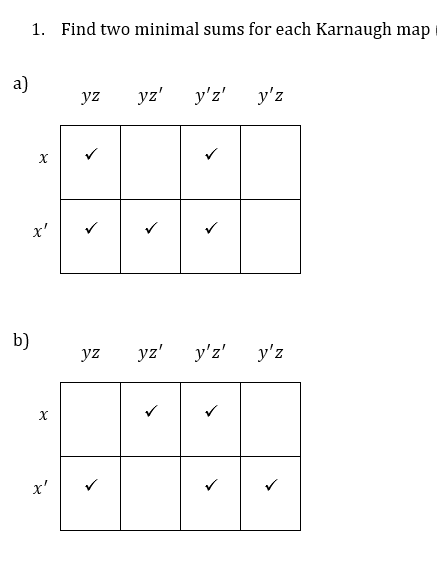 Solved 1. Find two minimal sums for each Karnaugh map a) yz | Chegg.com