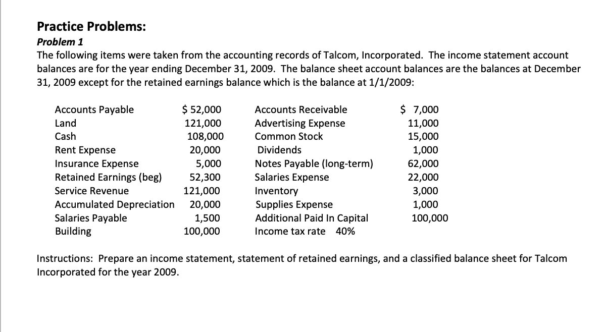 Solved Preparation of Financial Statements: Example 1: The | Chegg.com