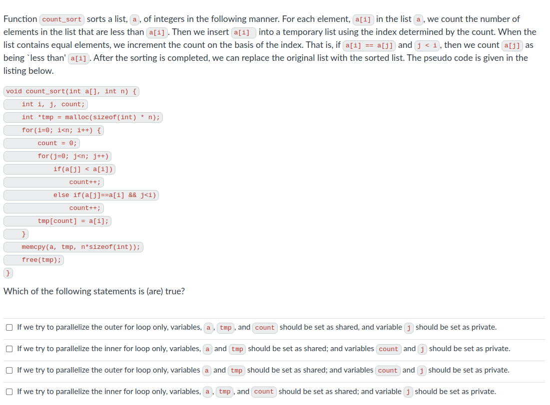 Solved Function Countsort Sorts A List A Of Integers In 