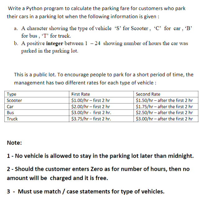 Solved Write a Python program to calculate the parking fare | Chegg.com