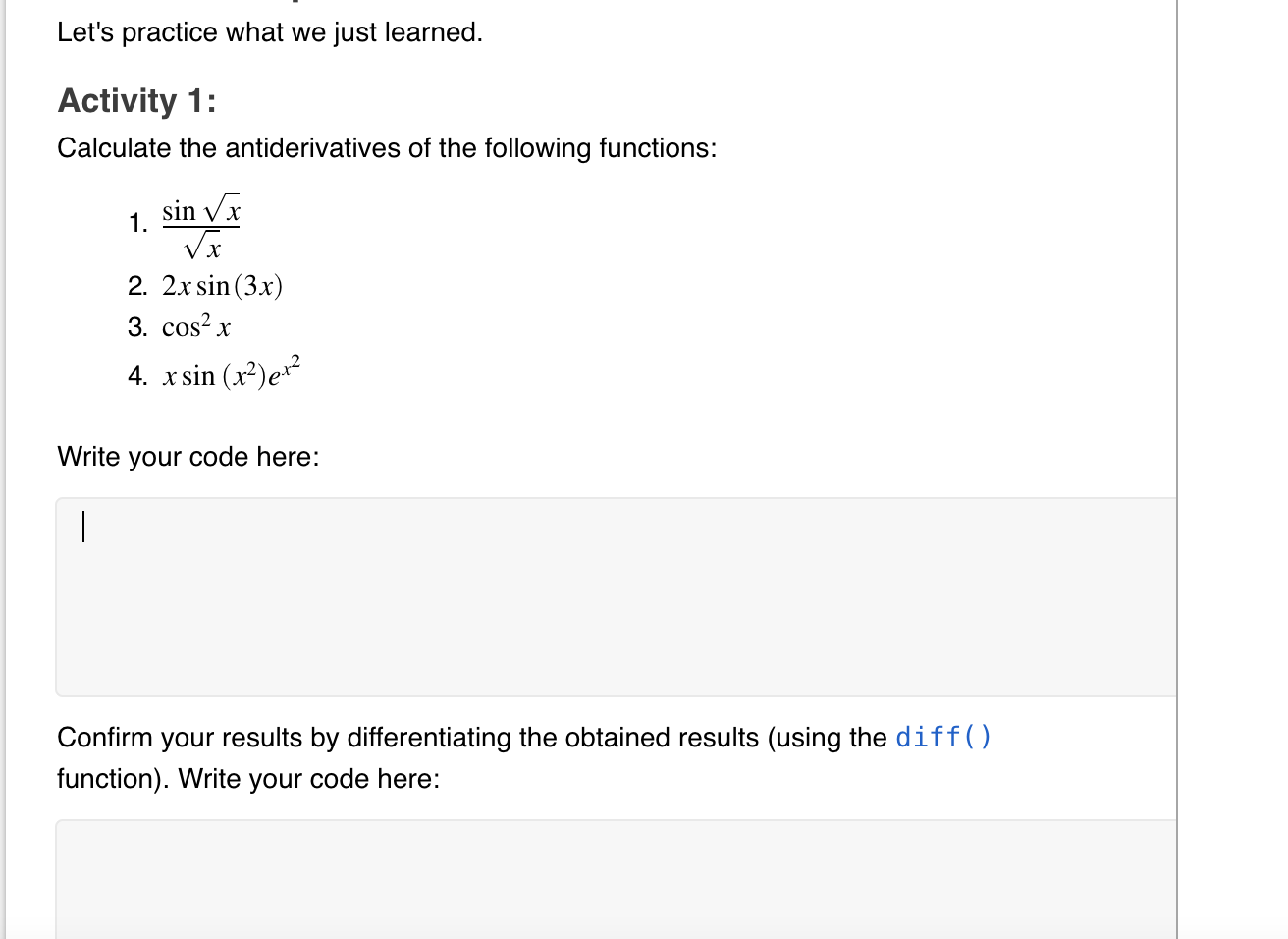 Solved MATLAB Activity 1: Calculate the antiderivatives of | Chegg.com