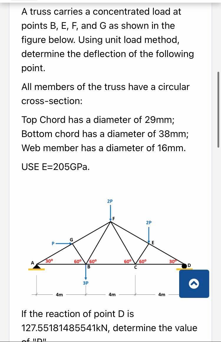 Solved A truss carries a concentrated load at points B, E, | Chegg.com