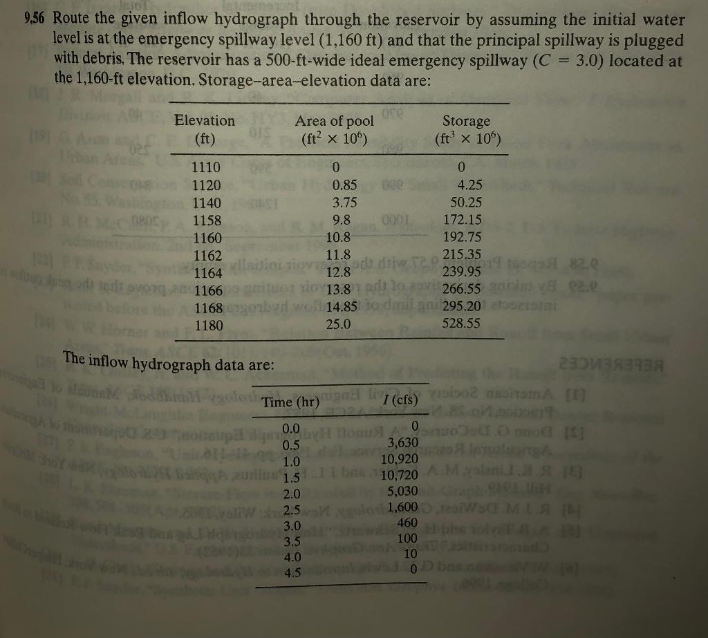 Solved 9,56 Route the given inflow hydrograph through the | Chegg.com