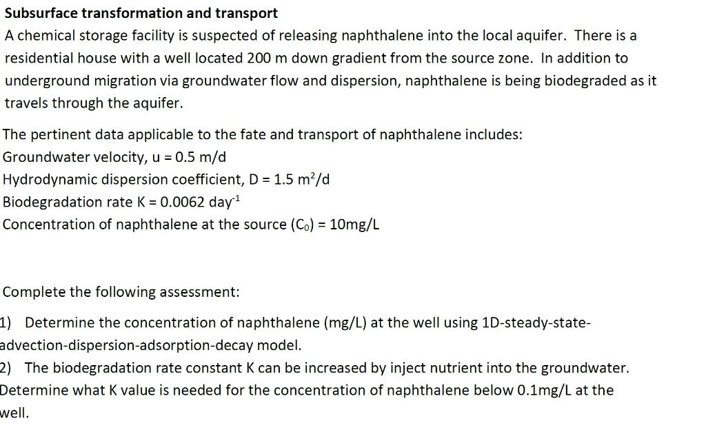 Subsurface transformation and transport A chemical | Chegg.com