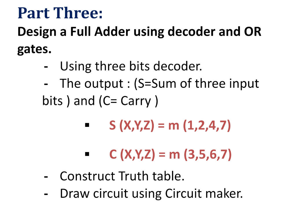 Solved Part Three: Design a Full Adder using decoder and OR | Chegg.com