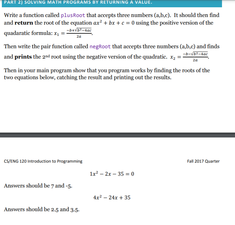 Solved PART 2) SOLVING MATH PROGRAMS BY RETURNING A VALUE. | Chegg.com