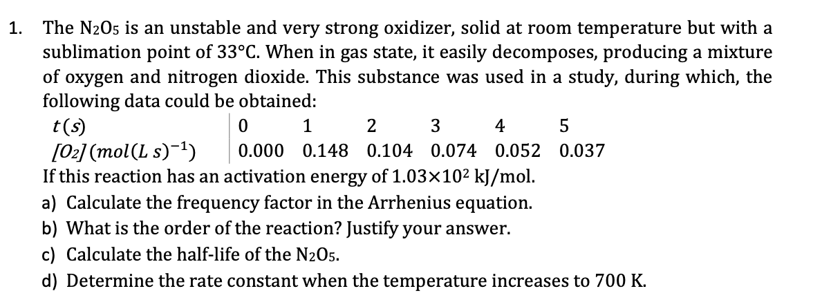 Solved The N2O5 is an unstable and very strong oxidizer, | Chegg.com