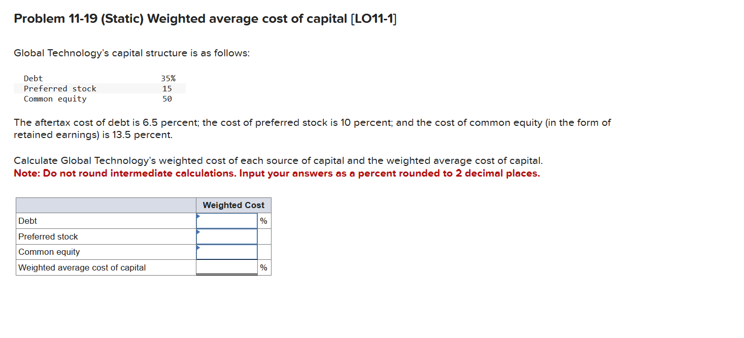 Solved Problem 11-19 (Static) Weighted average cost of | Chegg.com