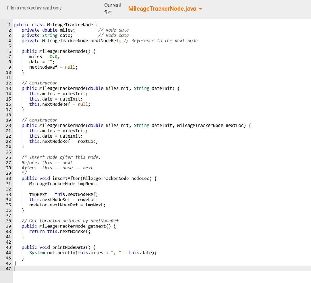 Solved (IN JAVA) Given the MileageTrackerNode class, | Chegg.com