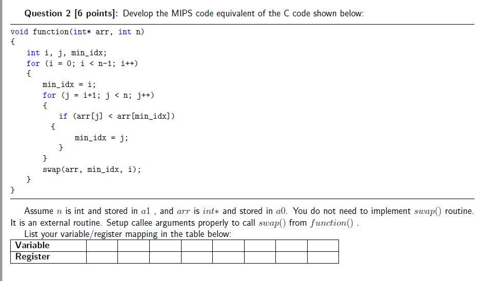 Solved Question 2 [6 points]: Develop the MIPS code | Chegg.com