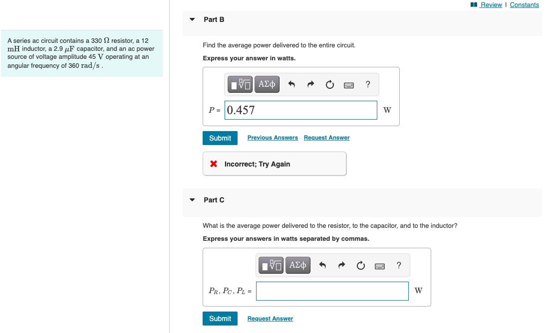 Solved Review | Constants Part B Find the average power | Chegg.com