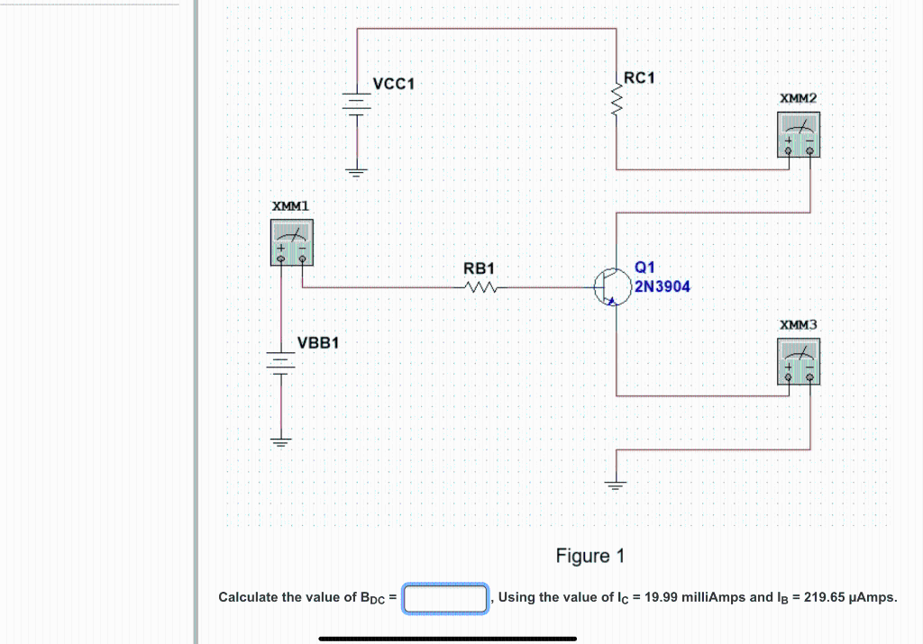 Solved VCC1 RC1 XMM2 XMM1 RB1 W Q1 2N3904 XMM3 VBB1 Figure 1 | Chegg.com