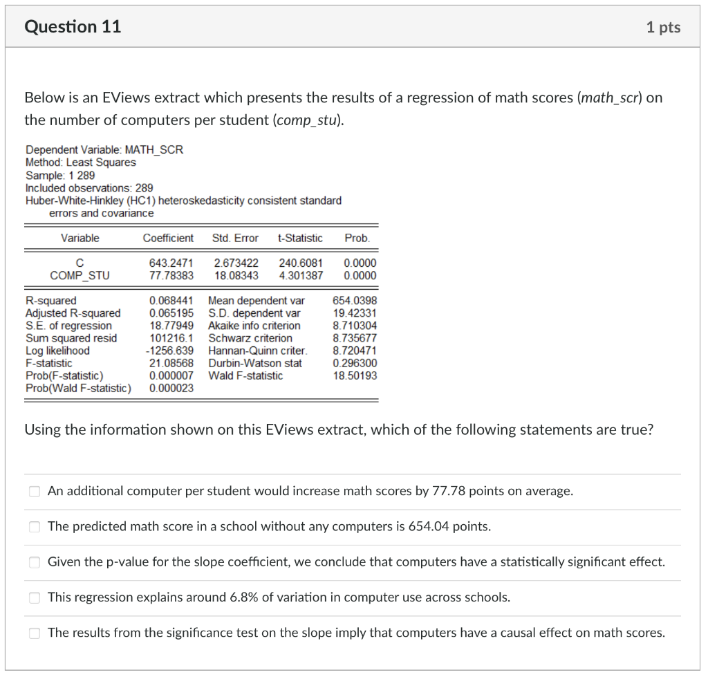 Solved Below is an EViews extract which presents the results | Chegg.com