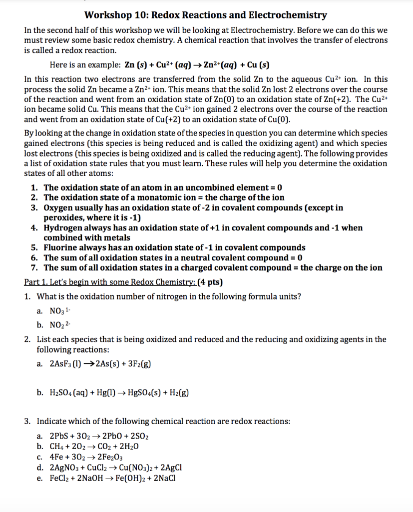 Solved Workshop 10: Redox Reactions and Electrochemistry In | Chegg.com