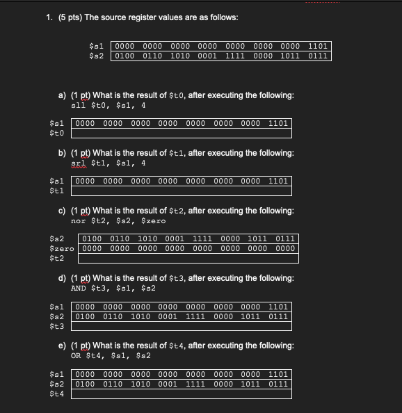 Solved 1. (5 pts) The source register values are as follows: | Chegg.com
