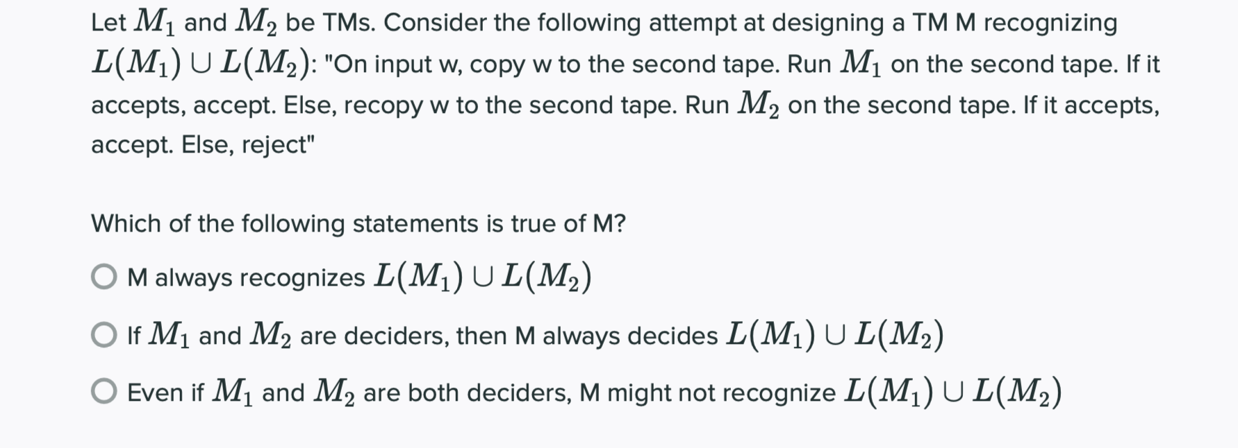 Solved Let M1 and M2 be TMs. Consider the following attempt | Chegg.com