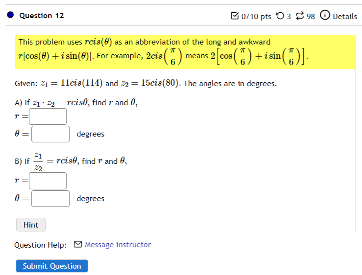 Solved Question 12This problem uses rcis(θ) ﻿as an | Chegg.com