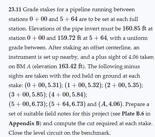 Solved 23.11 ﻿Grade stakes for a pipeline running | Chegg.com