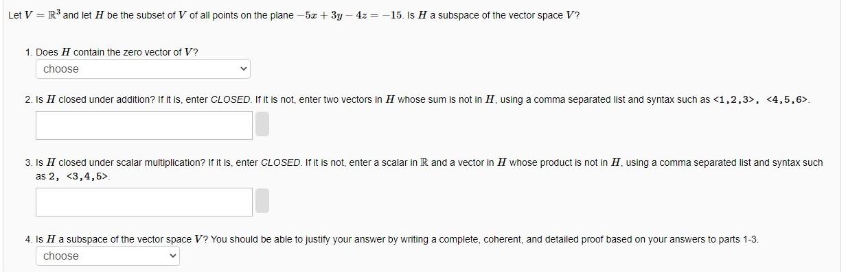Solved Let V=R3 and let H be the subset of V of all points | Chegg.com