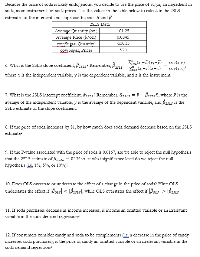 1. Estimating OLS and 2SLS Coefficients by Hand | Chegg.com