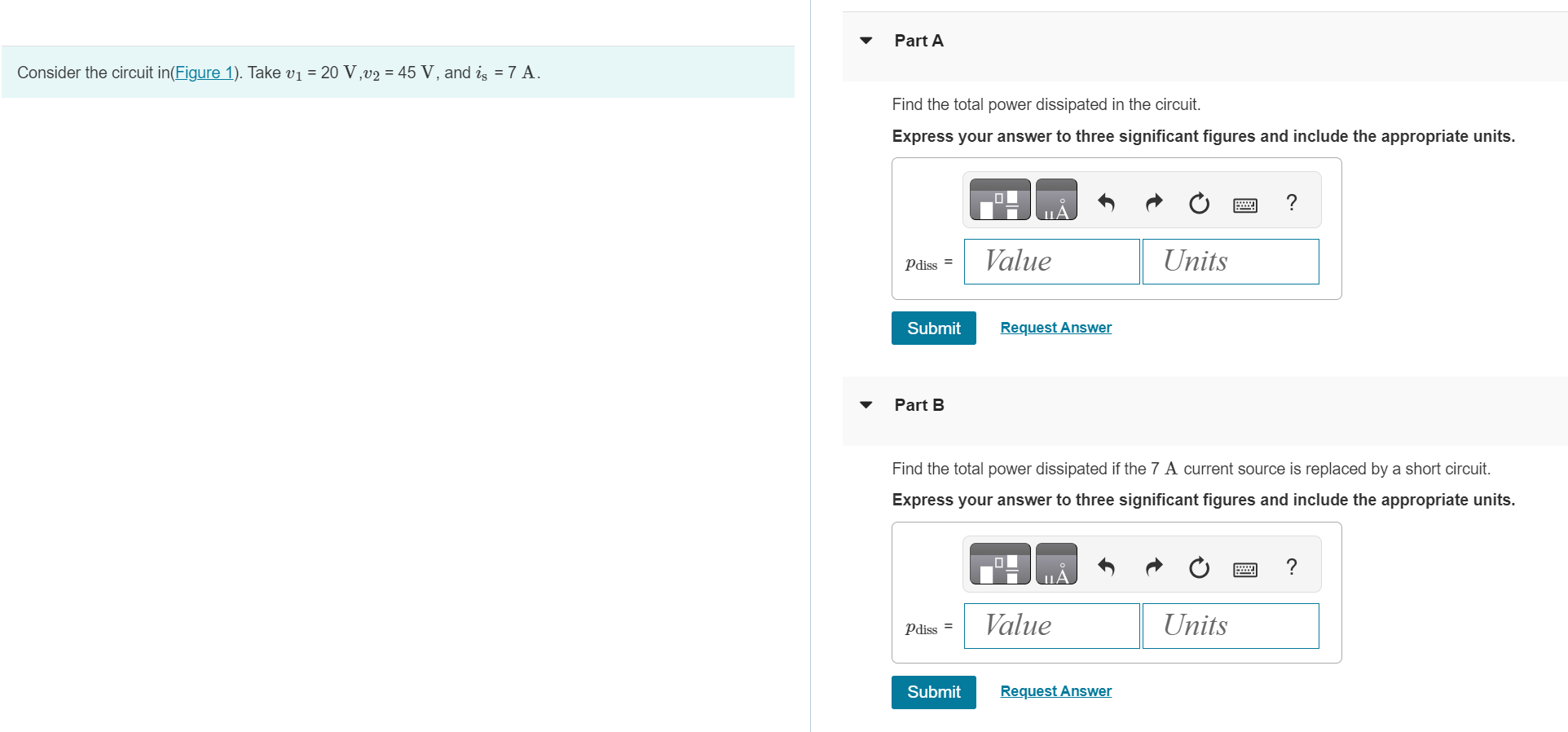 Solved Consider the circuit ir Take v1=20 V,v2=45 V, and | Chegg.com
