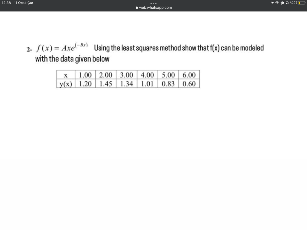 Solved 2- f(x)=Axe(−Bx) Using the least squares method show | Chegg.com