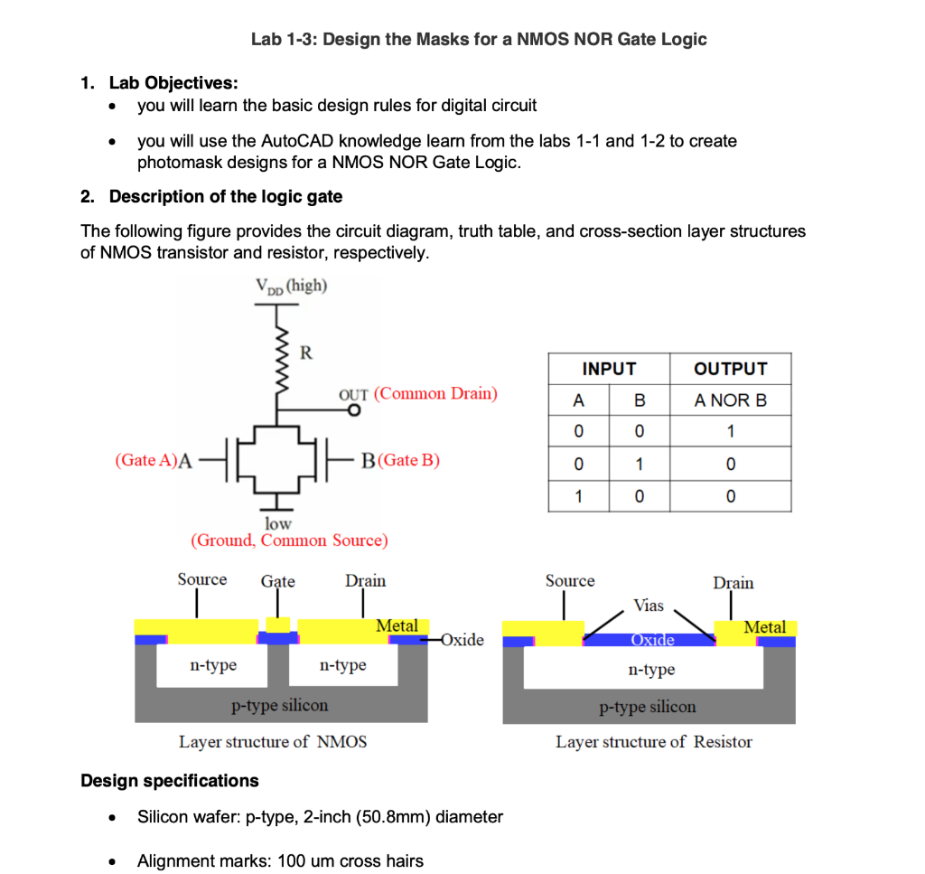 Lab 1-3: Design the Masks for a NMOS NOR Gate Logic . | Chegg.com
