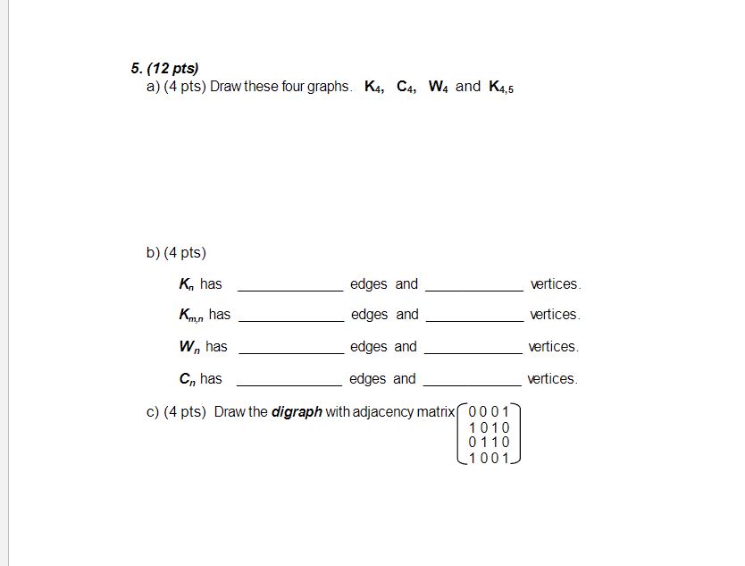 Solved 5. (12 pts) a) (4 pts) Draw these four graphs. | Chegg.com Solved 5. (12 pts) a) (4 pts) Draw these four graphs. | Chegg.com