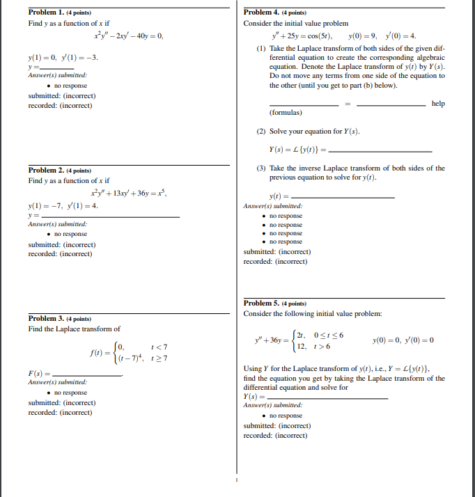 Solved Problem 1. (4 points) Find y as a function of x if | Chegg.com