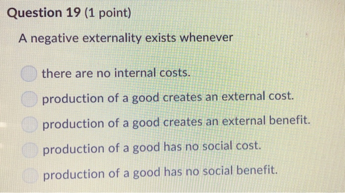 Solved Question 19 (1 point) A negative externality exists | Chegg.com