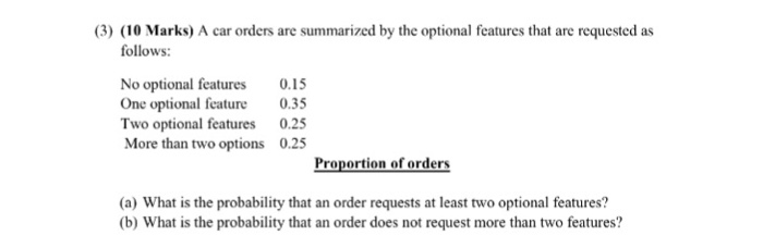 Solved A car orders are summarized by the optional features | Chegg.com