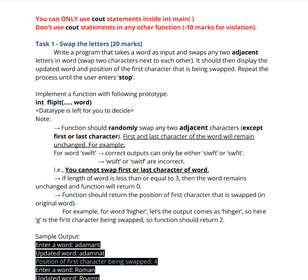 Solved You can ONLY use cout statements inside int main() | Chegg.com