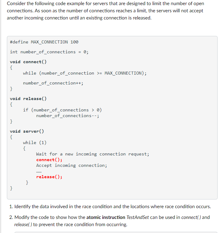 Consider the following code example for servers that | Chegg.com
