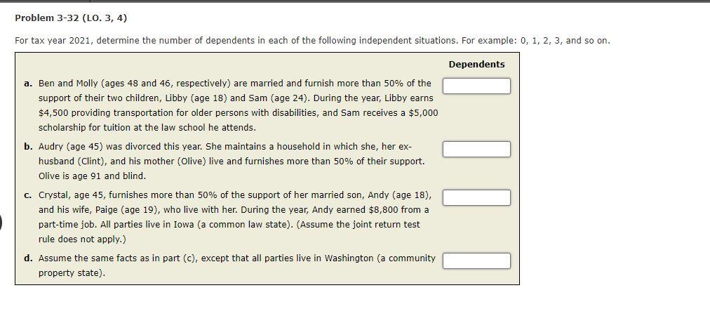 Solved Problem 3-32 (LO. 3, 4) For tax year 2021, determine | Chegg.com Solved Problem 3-32 (LO. 3, 4) For tax year 2021, determine | Chegg.com