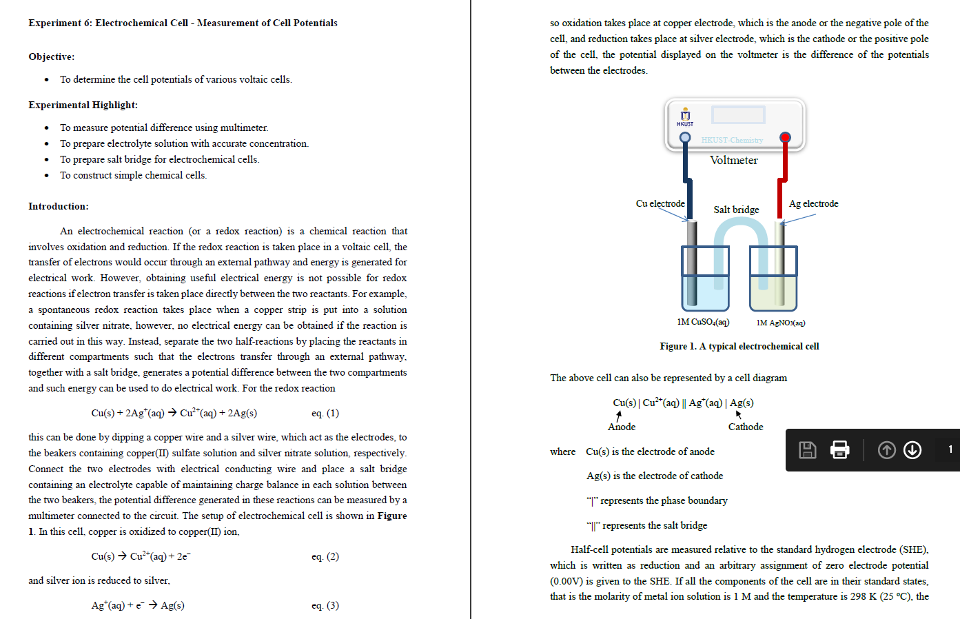 Solved Experiment 6: Electrochemical Cell - Measurement of | Chegg.com
