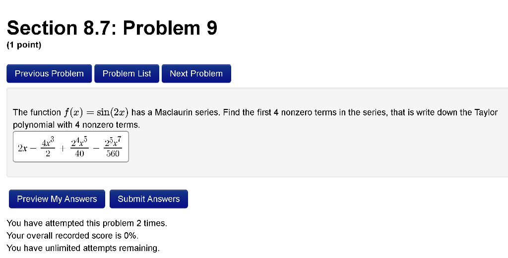 Solved Section 8.7: Problem 9 (1 point) Previous Problem | Chegg.com