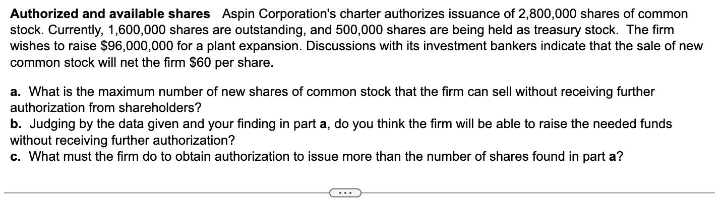 Solved Authorized and available shares Aspin Corporation's | Chegg.com