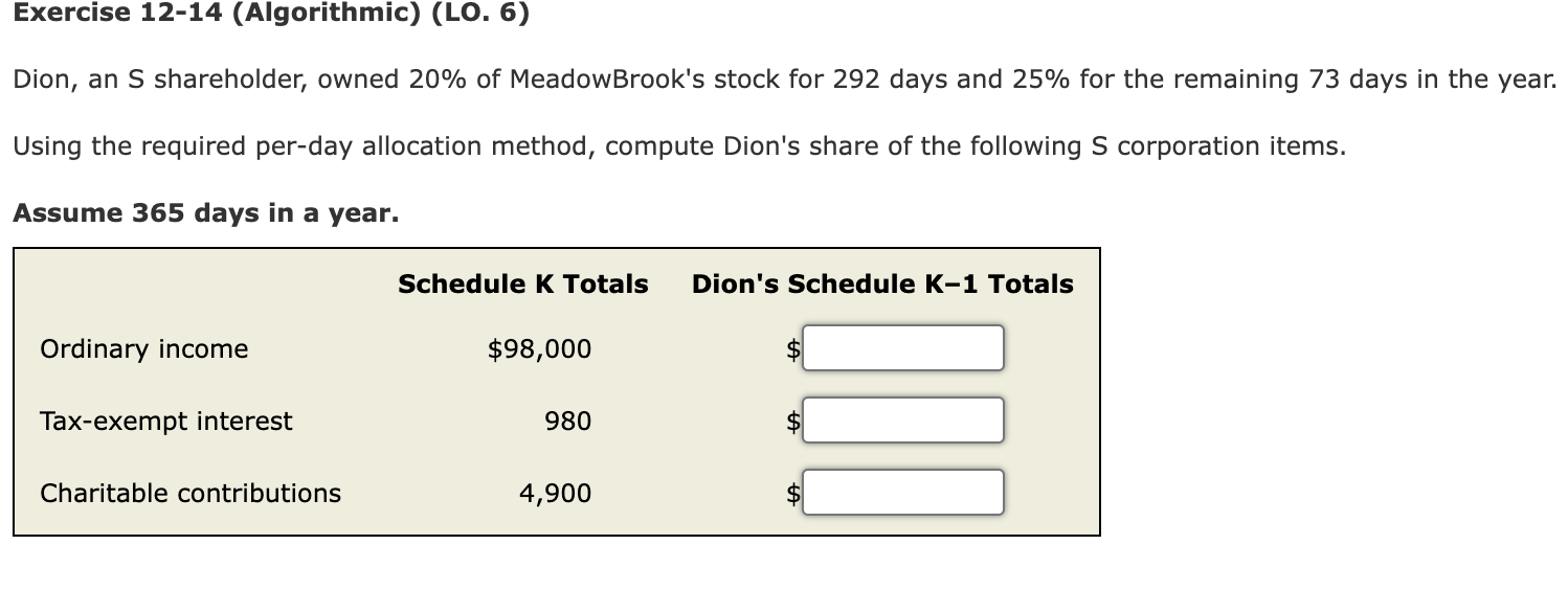 Solved Exercise 12-14 (Algorithmic) (LO. 6)Dion, an S | Chegg.com