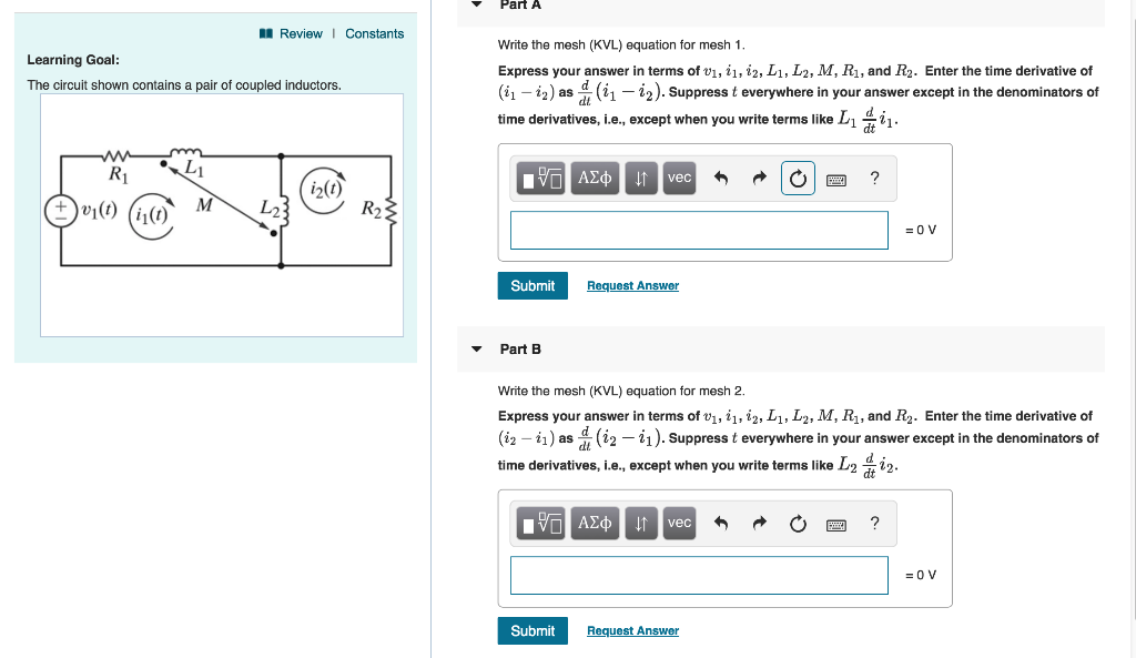 Solved Part A ReviewI Constants Write the mesh (KVL) | Chegg.com