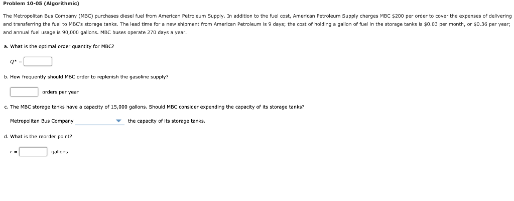 Solved Problem 10-05 (Algorithmic) The Metropolitan Bus | Chegg.com