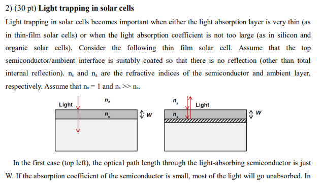 2) (30 pt) Light trapping in solar cells Light | Chegg.com