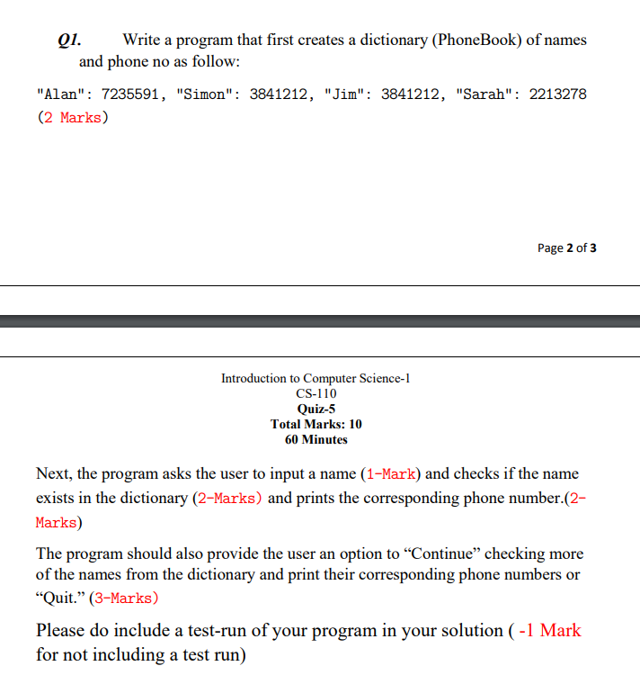 Solved Q1. Write a program that first creates a dictionary | Chegg.com
