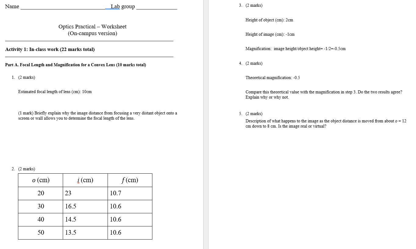Solved Name Optics Practical - Worksheet (On-campus version) | Chegg.com