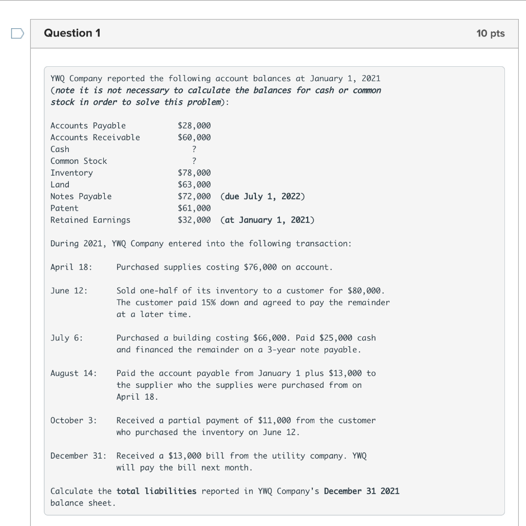 Solved Question 1 10 pts YWQ Company reported the following | Chegg.com
