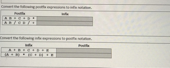 Solved Convert the following postfix expressions to infix | Chegg.com Solved Convert the following postfix expressions to infix | Chegg.com