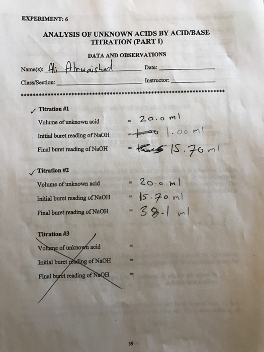 EXPERIMENT: 6 ANALYSIS OF UNKNowN ACIDS BY ACID/BASE | Chegg.com