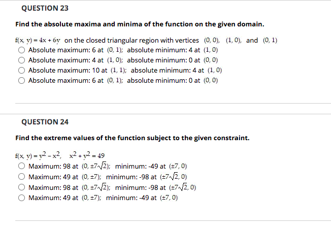 Solved QUESTION 23 Find the absolute maxima and minima of | Chegg.com