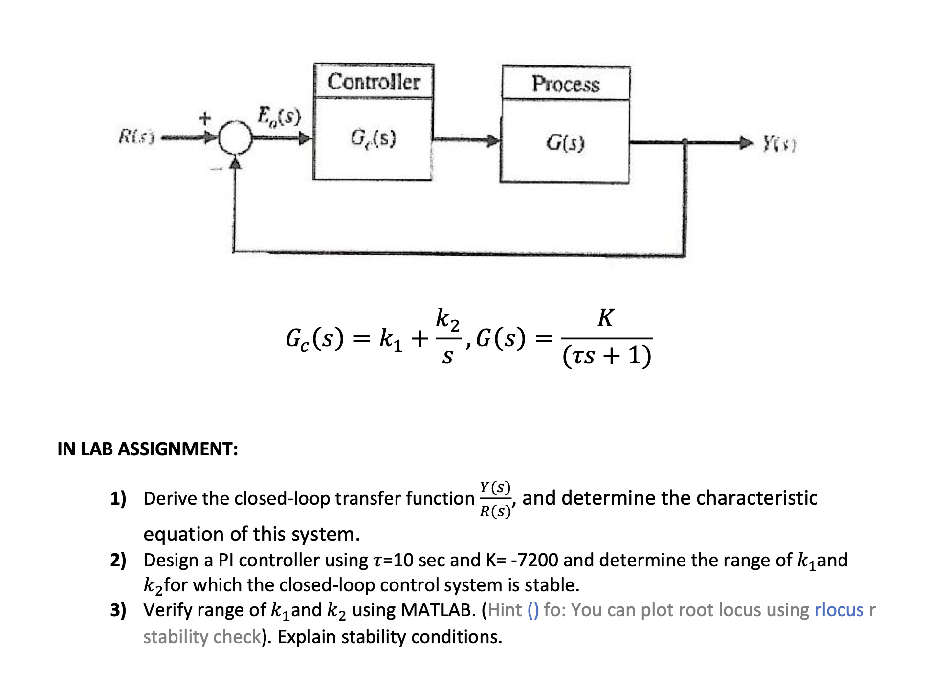 Solved Gc(s)=k1+sk2,G(s)=(τs+1)K N LAB ASSIGNMENT: 1) Derive | Chegg.com