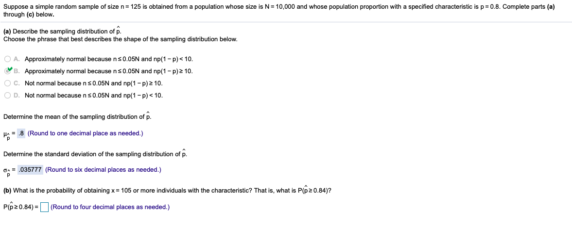 Solved Suppose a simple random sample of size n= 125 is | Chegg.com